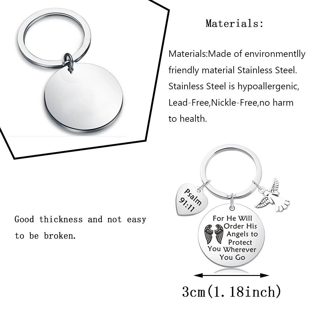 Bible Verse Keychain for He Will Order His Angels to Protect You Wherever You Go Religious Jewelry Christian Gift (silver)