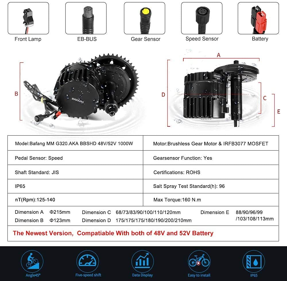 BAFANG BBS03 52V 1000W Mid Drive Motor Kit with 52V Lithium Ebike Battery BBS03 Electric Bike DIY Conversion Kits with Optional Ebike P860C Display