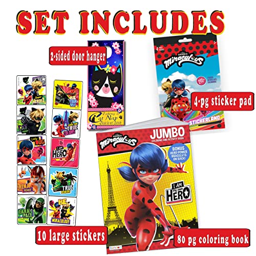 Miraculous Ladybug and Cat Noir - Activity Bundle - Miraculous Ladybug Stickers, Coloring Book, 2-Sided Door Hanger