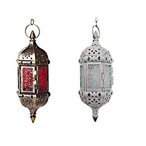 Hitommy Retro Glass Iron Moroccan Hanging Art Lantern Tea Pendant Light Holder Home Garden Decor - Brown