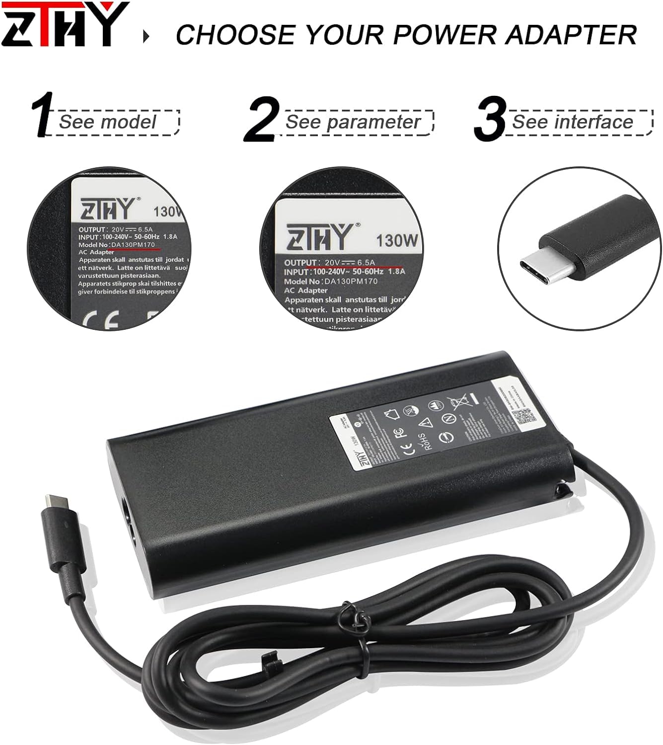 ZTHY 130W USB-C Type-C Laptop Charger Power Supply AC Adapter Replacement for Dell XPS 15 9500 XPS 17 9700 9700 9710 9720 9730 Precision 5750 5760 5770 5560 5550 5520 Latitude 7310 7210 9410 9510