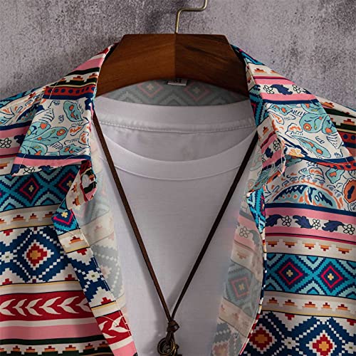 Casual Men's Loose Lapel Print Color Contrast Short Sleeve Button Striped Shirt Beach Hawaiian Summer Top Red