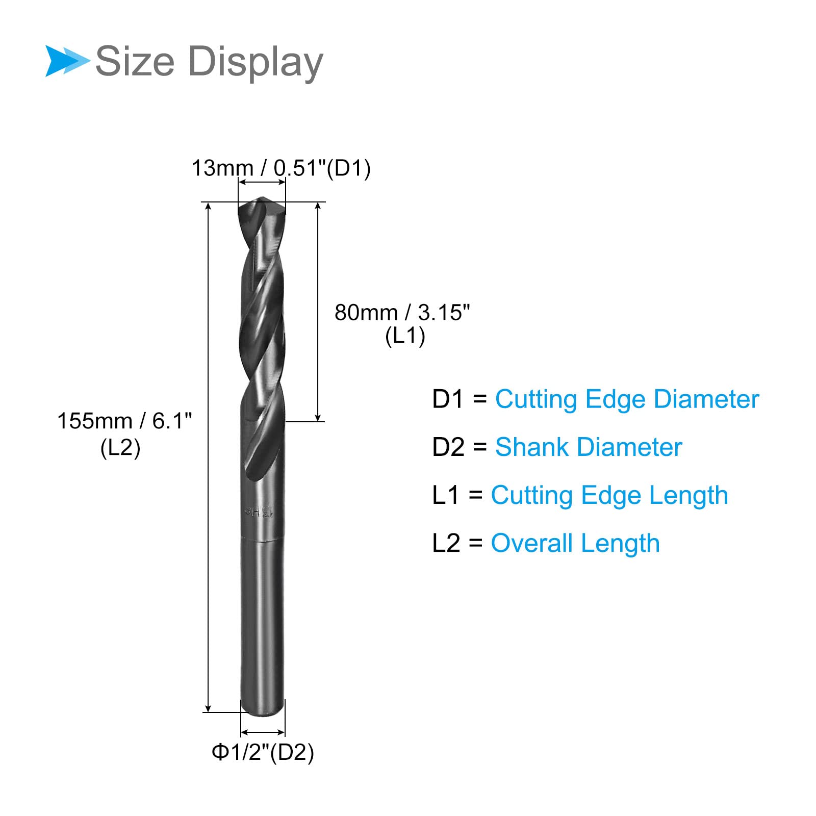 CoCud Reduced Shank Drill Bit, 13mm Cutting Edge 1/2" Shank, Nitride Coated High Speed Steel 6542 Twist Drill Bits - (Applications: for Stainless Steel Metal Wood)