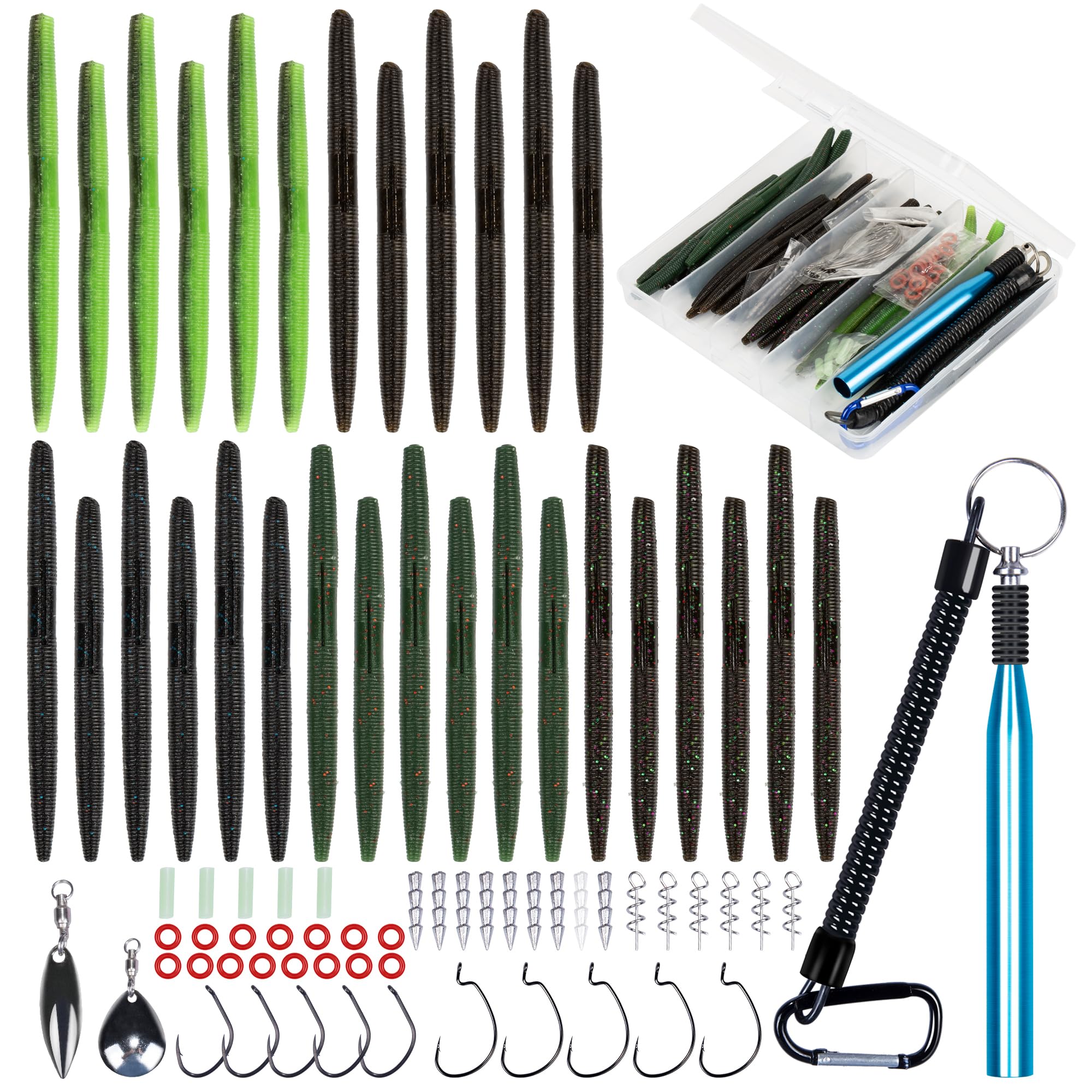 Bombrooster Rubber Worms Senkos 4" 5" Salt Impreatation Soft Plastic Lures Kit Bass Fishing with Hook,Blade,Lock