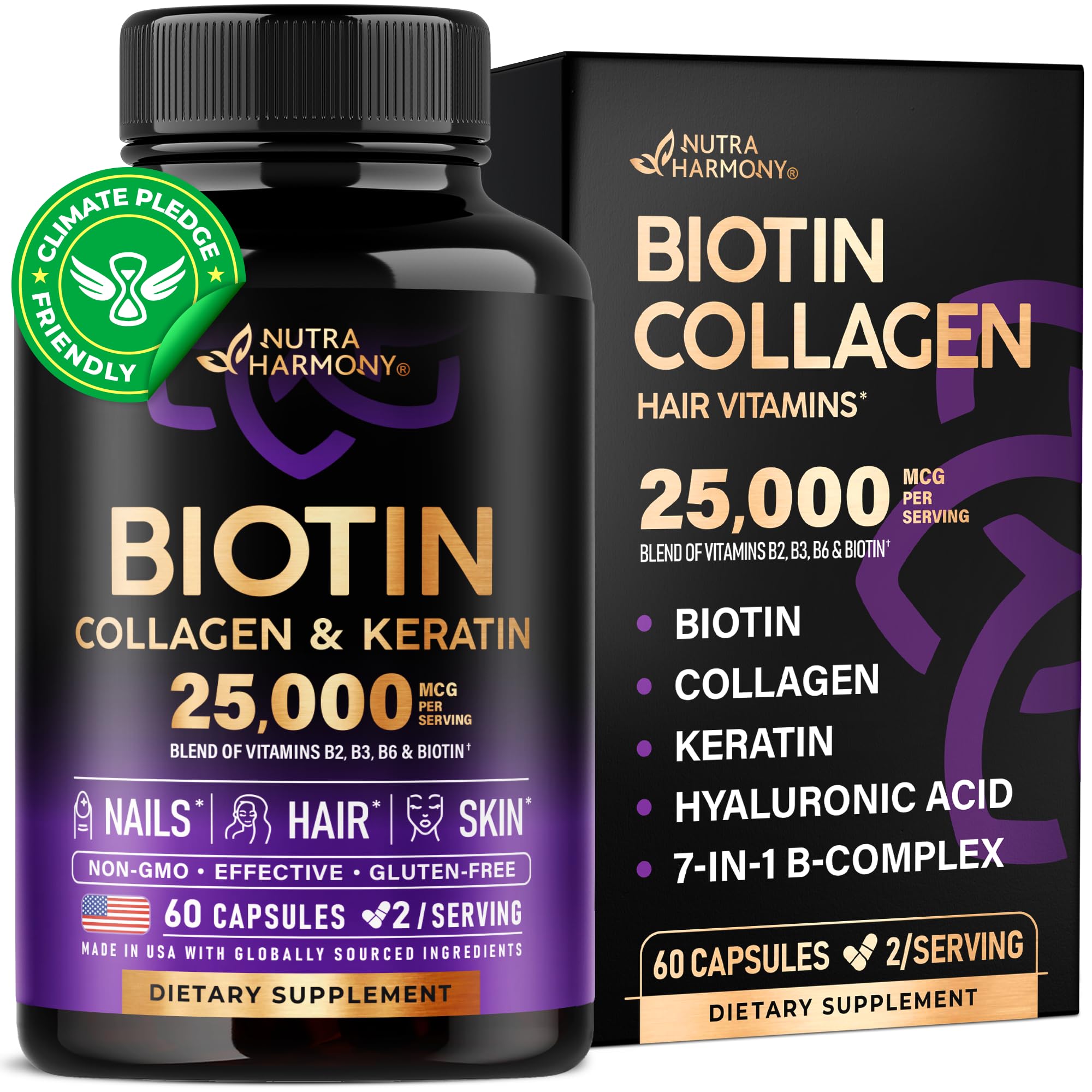 Biotin | Collagen | Keratin | Hyaluronic Acid - Hair Growth Support Supplement | Skin & Nails Beauty Complex 25000 mcg - B1 | B2 | B3 | B6 | B7 - Made in USA - For Women & Men | 60 Capsules