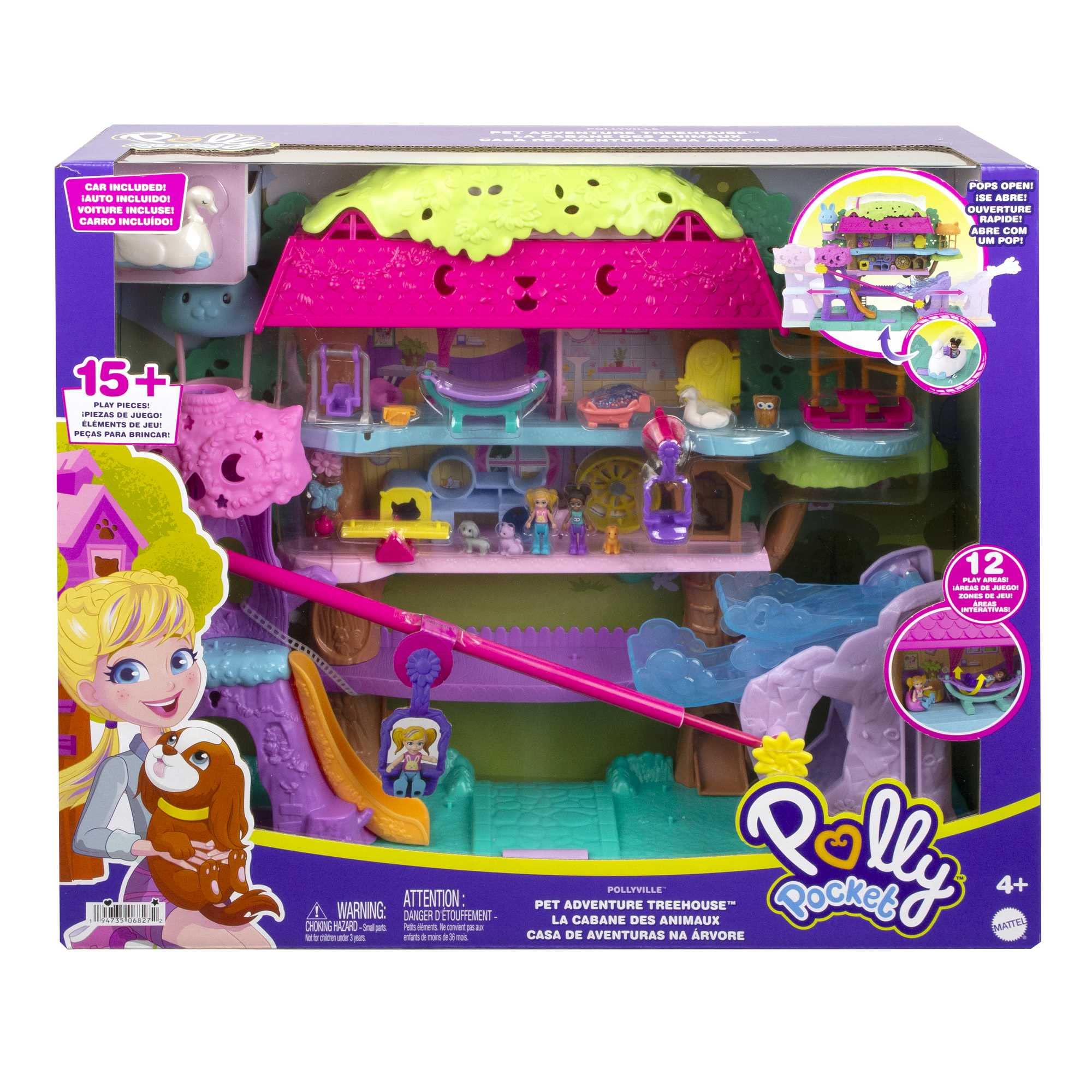 Polly Pocket Doll House with 2 Micro Dolls, Toy Car, Doll Furniture & 4 Pets, Expandable Pet Adventure House