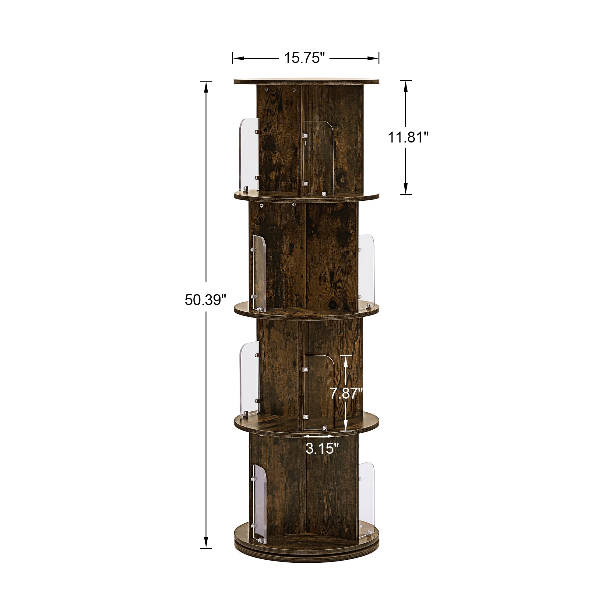 VECELO 4 Tier Revolving Bookshelf Tower, 360° Display Floor Standing Storage Rack with Acrylic Visible Window Partition for Bedroom, Living Room Home and Office, Brown
