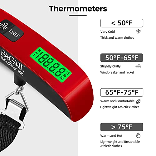 BAGAIL Digital Luggage Scale,110lbs Hanging Baggage Scale with Backlit LCD Display,Portable Suitcase Weighing Scale,Travel Luggage Weight Scale with Hook,Strong Straps for Travelers.(Red with Temp)