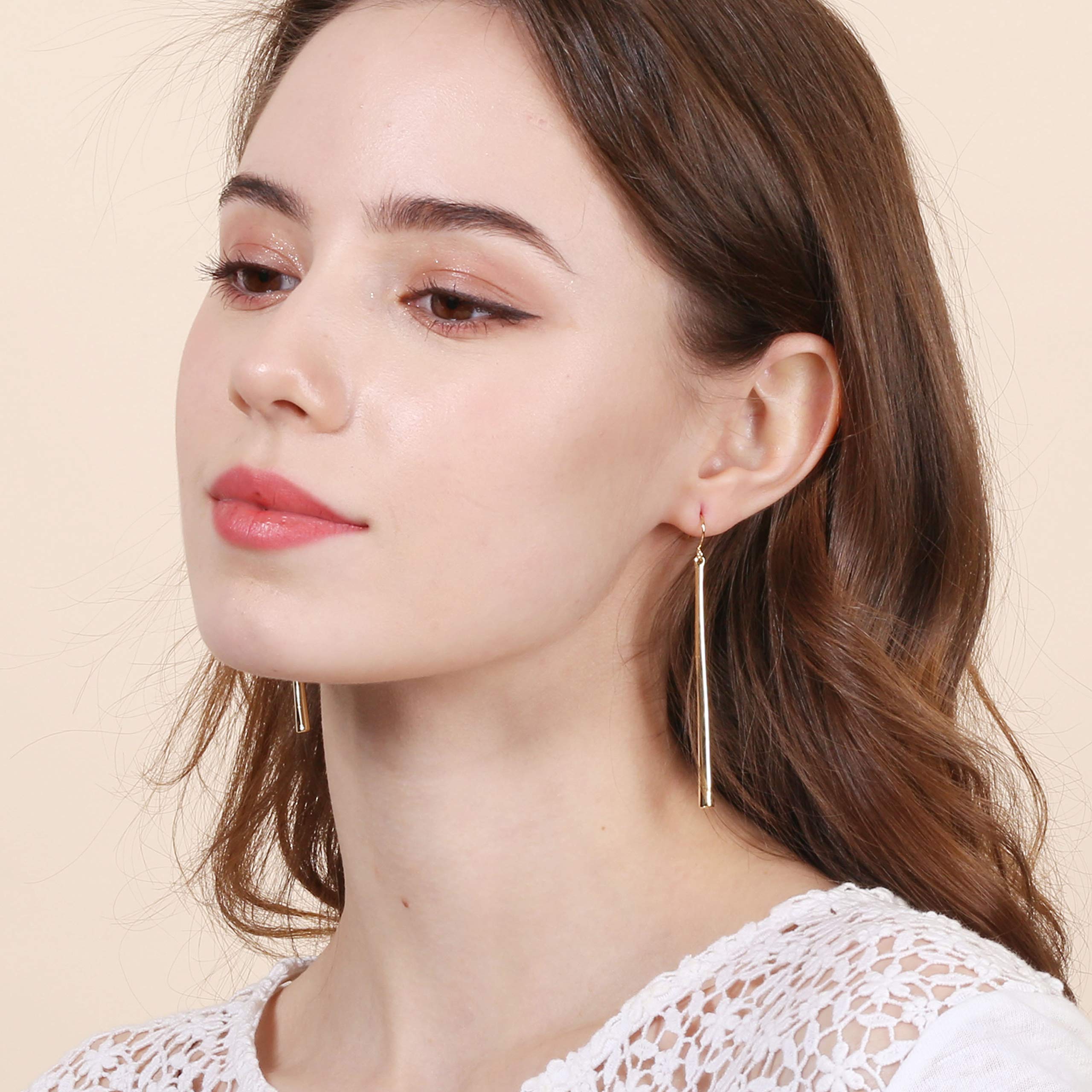 Bonaluna Long, Thin, Hammered, Shield Metal Bar Basic Dangle Drop Earrings for Women