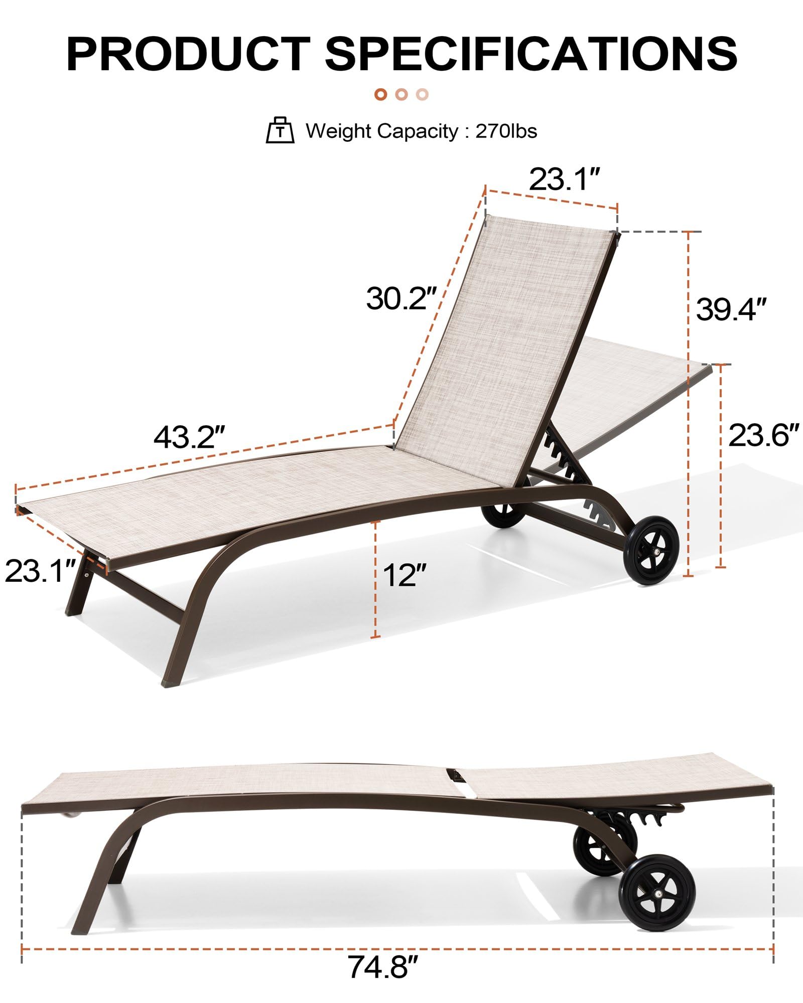 Crestlive Products Aluminum Chaise Lounge Chairs with Wheels Outdoor Adjustable Recliner Five-Position and Full Flat All Weather for Patio, Beach, Yard, Pool (2PCS Beige)