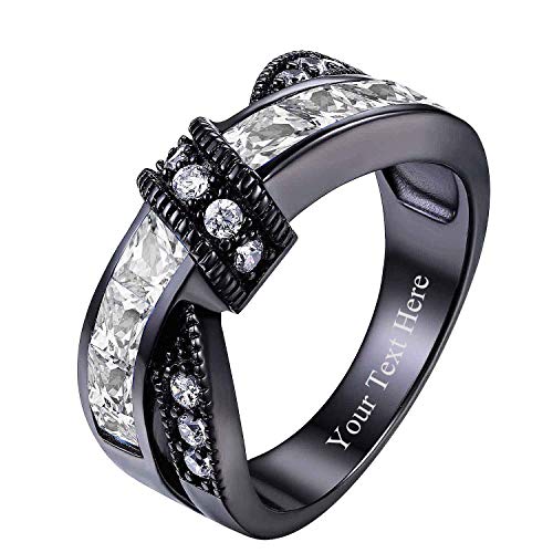 Black Stainless Steel Princess Cut Clear CZ Criss Cross Rings Engagement Ring For Women Crossover w Engraving size 6
