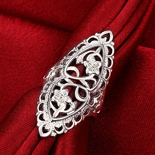 BEMI British Style 925 Silver Plated Carved Flower Band Ring Engagement Valentine Gift Statement Rings for Women 6