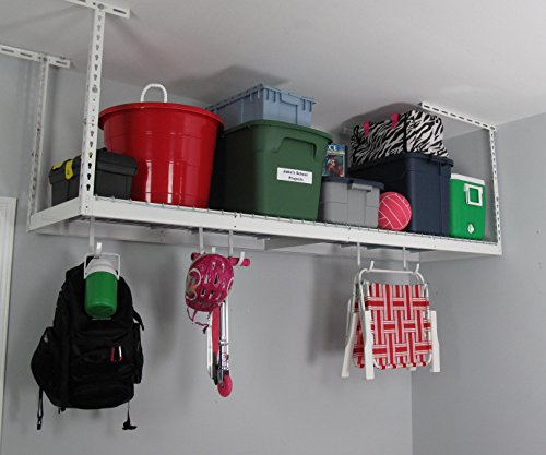 SafeRacks β 2x8 Overhead Garage Storage Rack - Height Adjustable Steel Overhead Storage Rack - 400 Pound Weight Capacity (White, 12"-21")