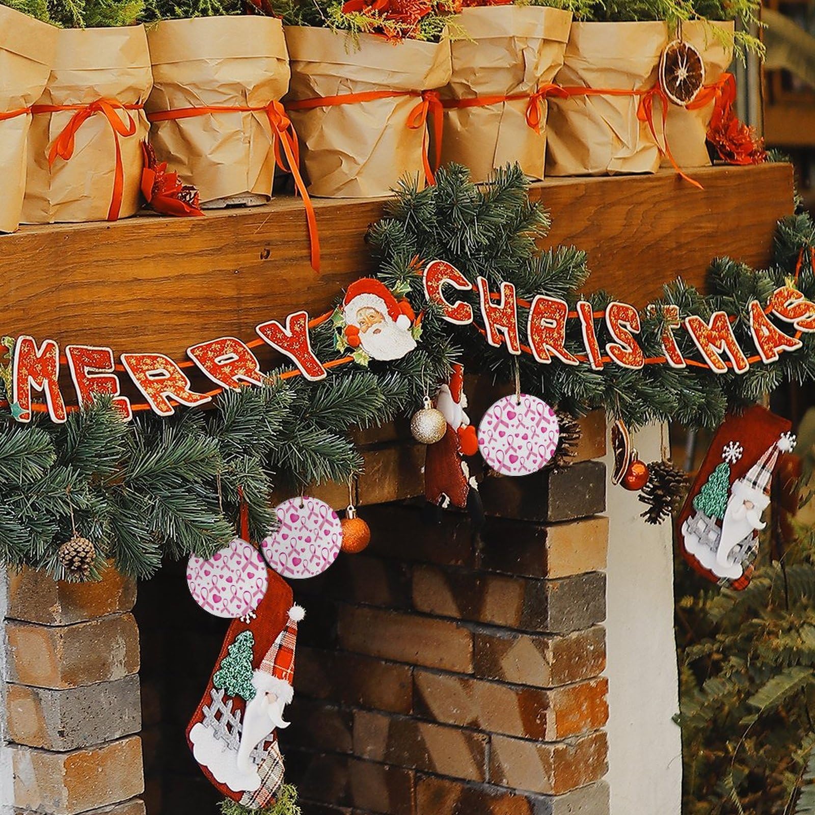 Breast Cancer Pink Ribbon Christmas Decorations Round Ceramic Hanging Ornament Xmas Decor for Christmas Tree Party