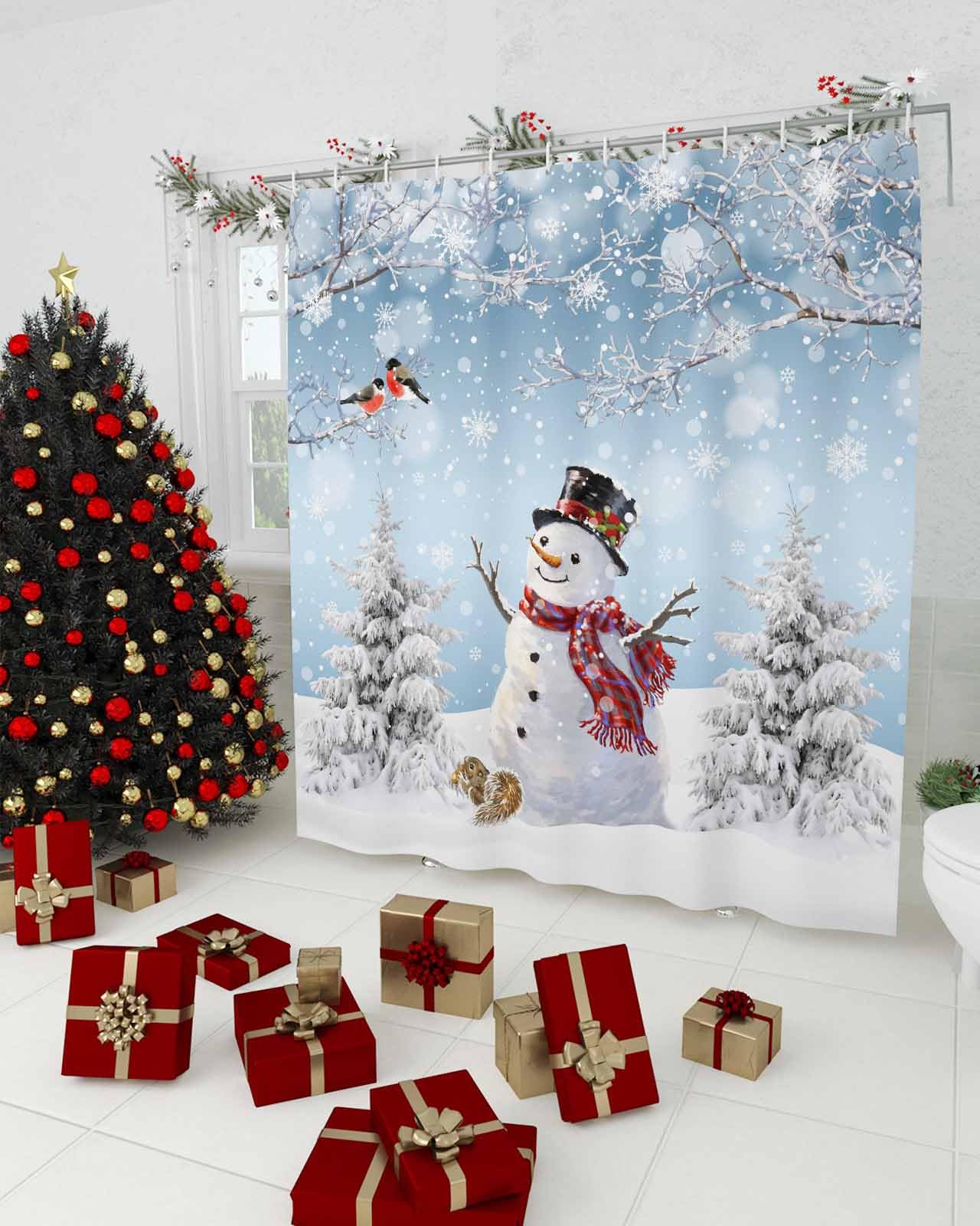 BEMIGO Christmas Tree Snowman Shower Curtains for Bathroom, Xmas Tree Farmhouse Fabric Waterproof Shower Curtain Set with Hooks, Christmas Vacation Decorations Bathroom Accessories 72x72inch
