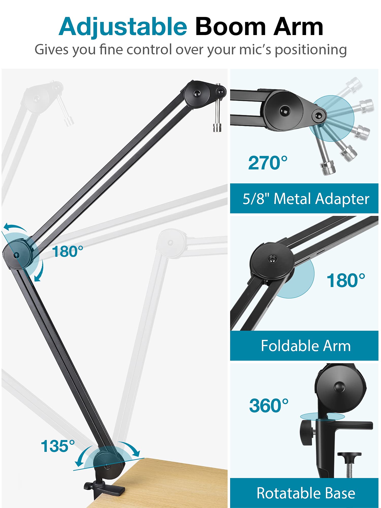 InnoGear Microphone Arm Stand, Heavy Duty Mic Arm Microphone Stand Suspension Scissor Boom Stands with Mic Clip and Cable Ties for Blue Yeti Snowball Hyper X QuadCast SoloCast Fifine Gaming(Large)