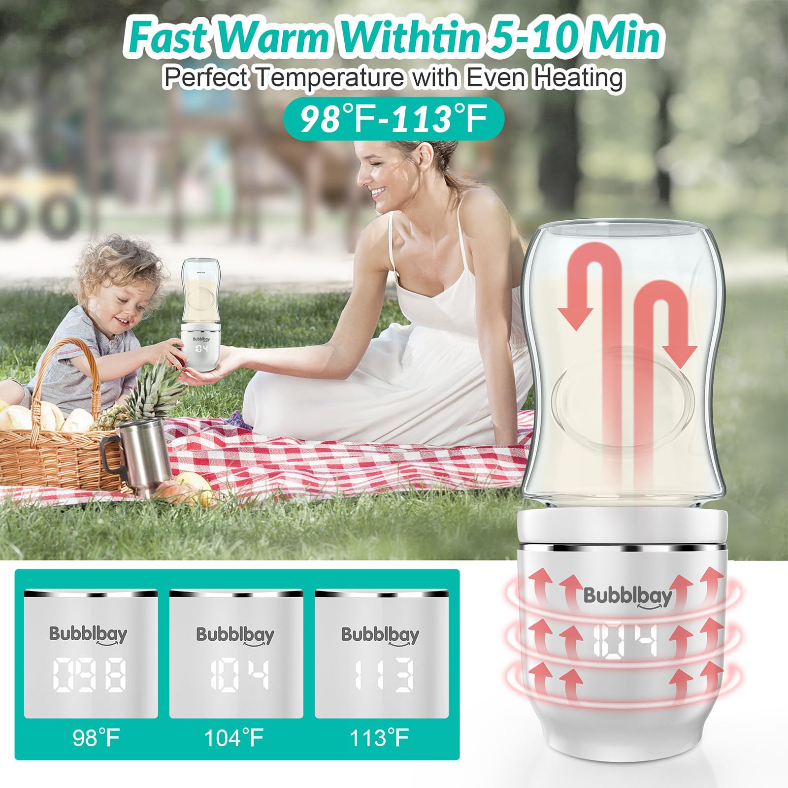 Bubblbay Portable Bottle Warmer,104° Digital Thermostat Baby Bottle Warmer with Upgraded 5 Adapters Leak-Proof Design,Wireless LED Display Travel Bottle Warmer for Breastmilk or Formula