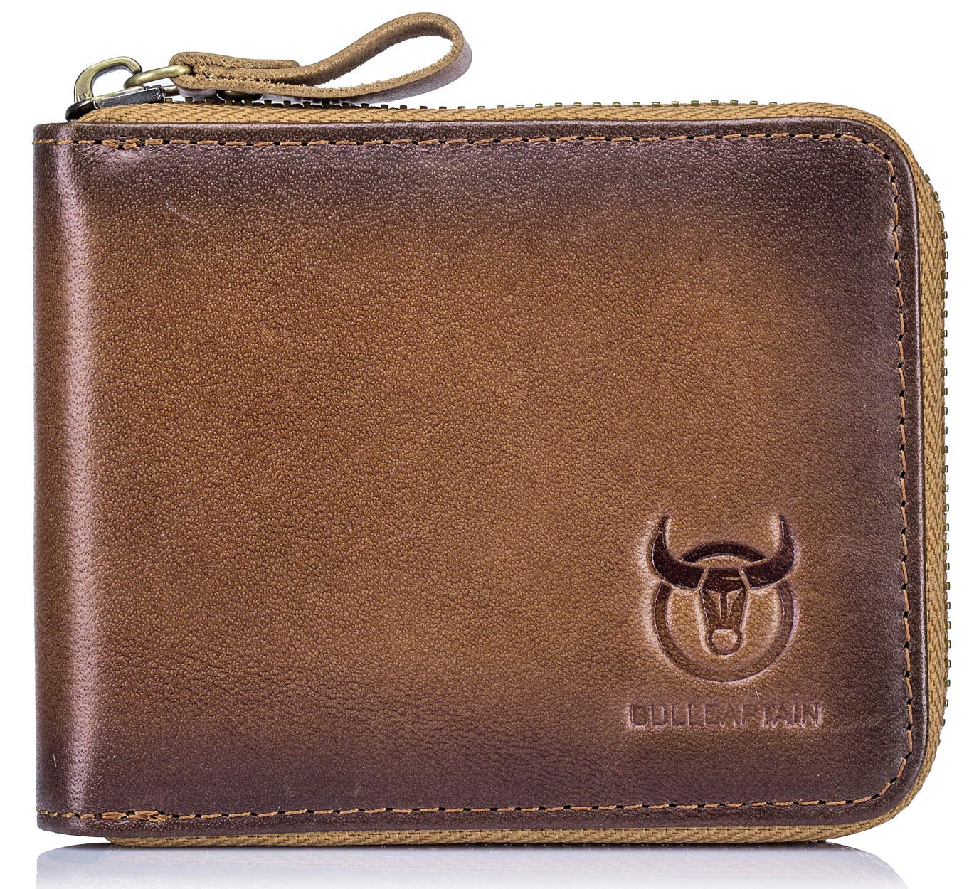 BULLCAPTAIN Mens Genuine Leather Zipper Wallet RFID Blocking Bifold Secure Zip Around Wallets Multi Credit Card Holder Purse (Handmade brown)