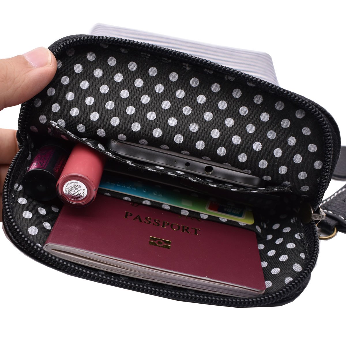 inOne Crossbody Bag Cell Phone Purse - Women PU Leather Handbag with Black and White Stripe Canvas Adjustable Straps - Monogram - Letter S