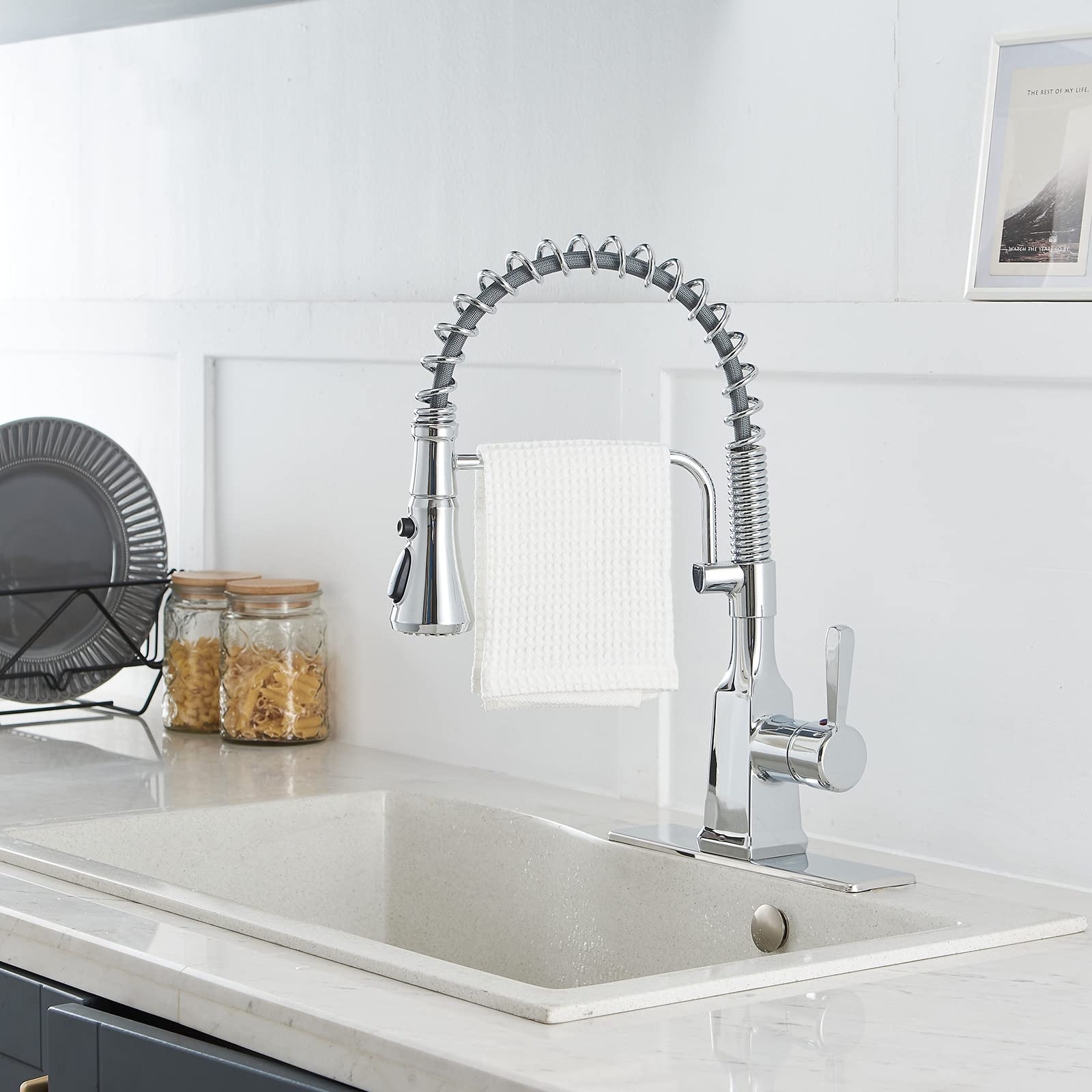 BWE Kitchen Faucet with Pull Down Sprayer, Brushed Nickel, High Arc Single Handle, One Hole, Spring, Commercial RV 3 Functions, Brass Gooseneck with Deck Plate, Fregaderos de Cocina