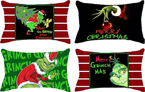 Christmas Pillow Covers 12x20 inch Set of 4 for Christmas Decorations Winter Xmas Farmhouse Pillow case, Merry Grinchmas Throw Pillow Covers Cotton Linen Pillow Case Grinch Holiday Decor for Home