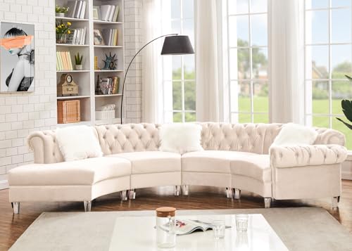 Legend Vansen Curved Velvet Sectional Sofa,Modern Upholstered Tufted Modular Sectional Sofa with Metal Legs,Comfy Semicircle Couch with Rolled Arms and Nailheads for Living Room,Bedroom(Beige)