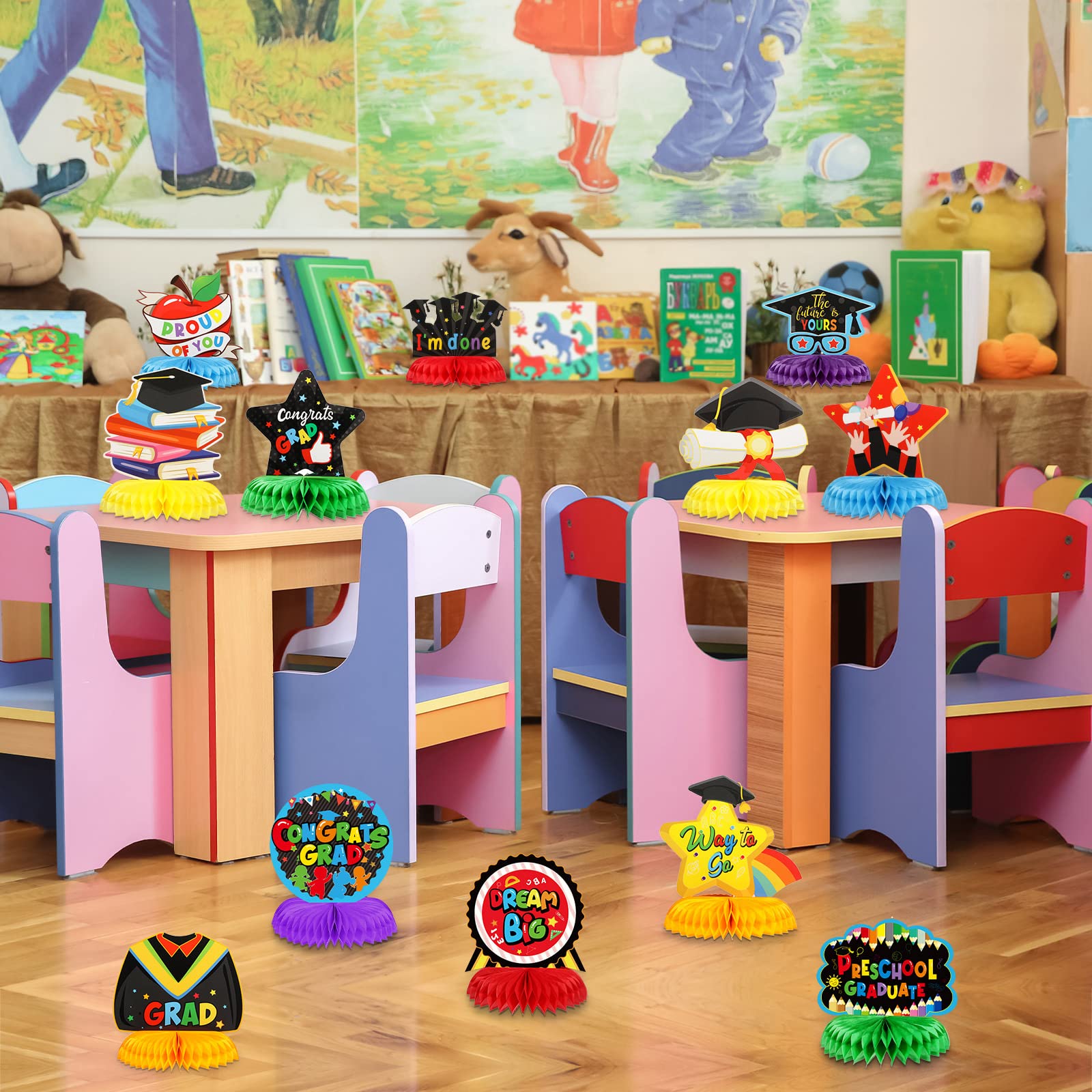 Outus 12 Pcs Preschool Graduation Party Decorations 2024 Kindergarten Graduate Party Honeycomb Centerpieces Congrats Grad Table Toppers for Class of 2024 Elementary Celebration Graduation Party