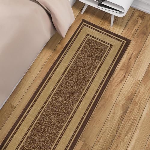 Ottomanson Ottohome Non-Slip Rubberback Bordered Design 2x7 Indoor Runner Rug, 1'10" x 7', Brown