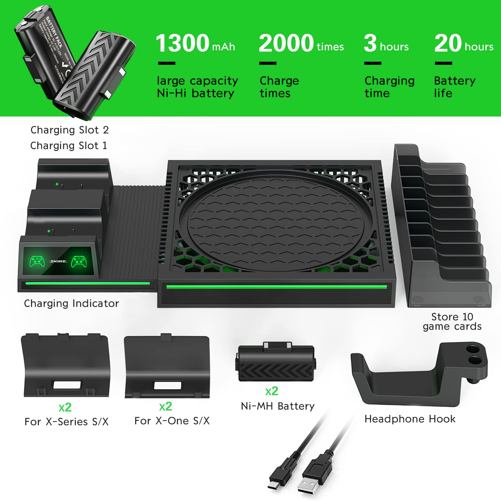 Stand for Xbox Series X, Dual Controller Charging Station with 2 Rechargeable Battery Pack, 10 Game Slots & Headphone Holder for Xbox Series X (Dark Black)