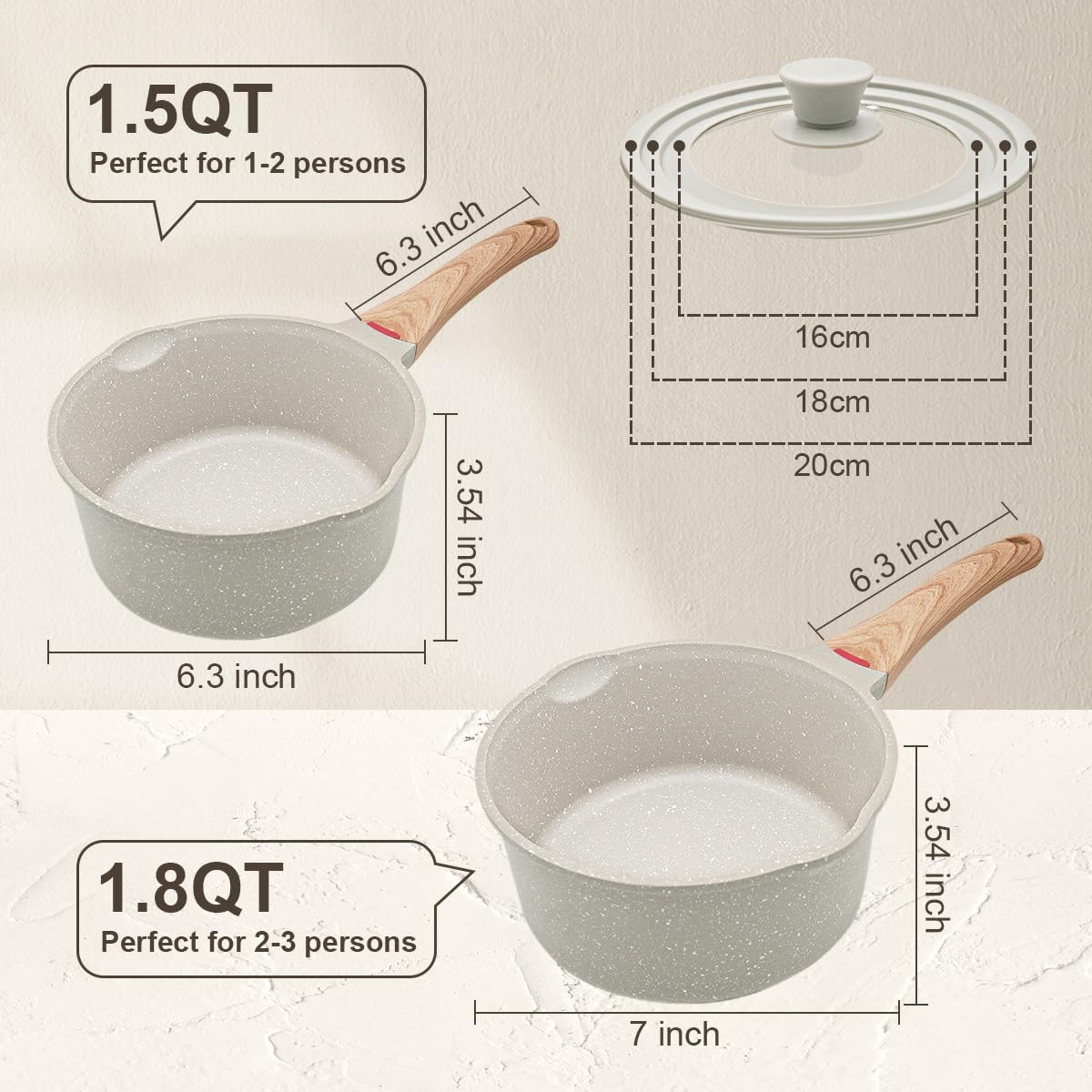 Bobikuke 1.5Qt & 1.8Qt Nonstick Sauce Pan Set with Lid, 4 Pcs Small Soup Pot with Pour Spout for Cooking Compatible for All Stoves, PFOA FREE