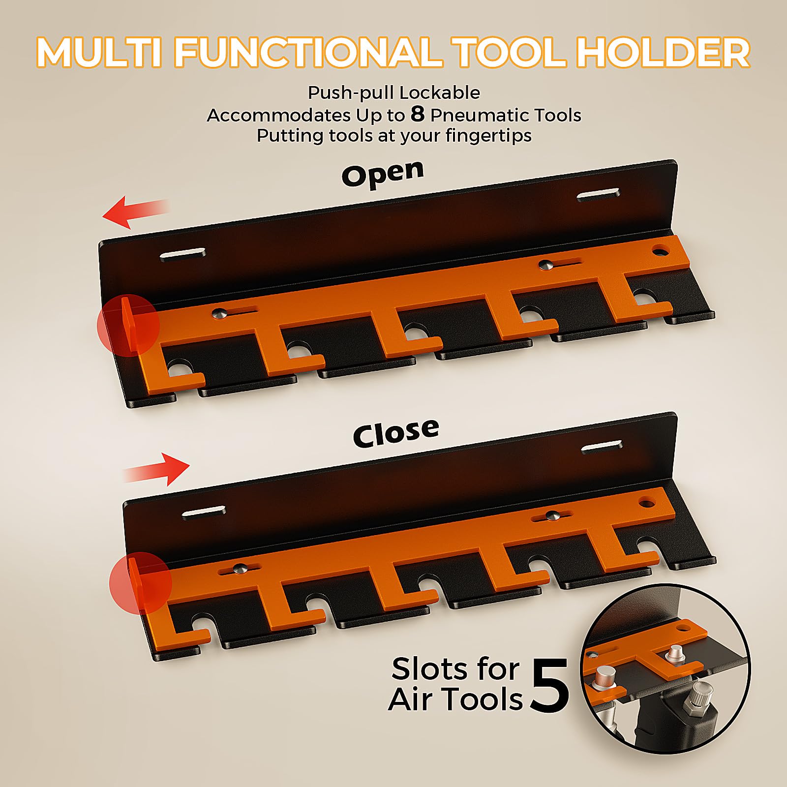 CHOWZZ Air Tool Holder, Air Tool Rack for Garage Walls and Tool Cart Storage Organizer，Wall Mounted Lockable Pneumatic Tool Hanger for Air Compressor Tools, Pneumatic Nail Gun, Black-5 Slots