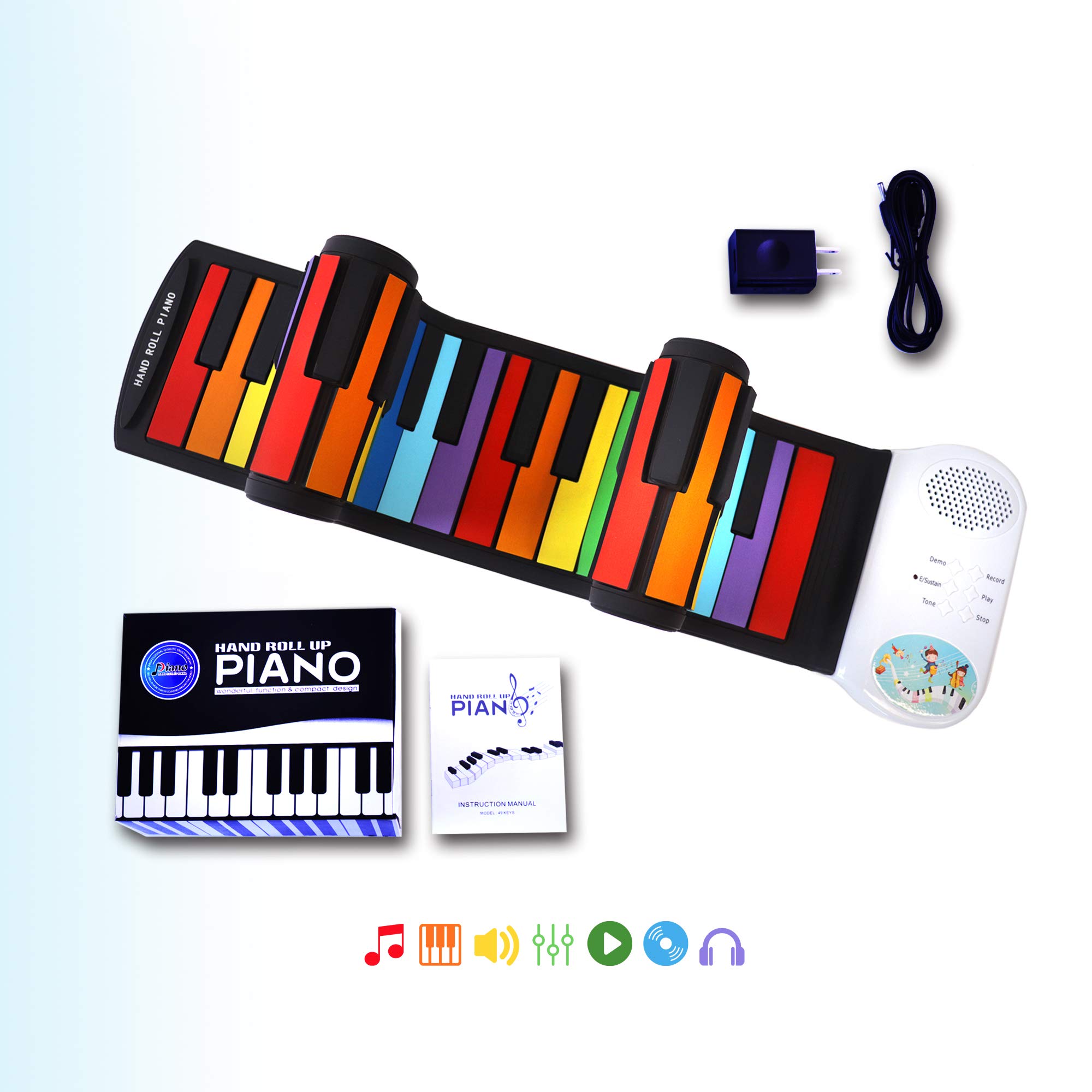 iLearnMusic Roll Up Piano | Portable Keyboard Piano | Hand Roll Electric Piano Keyboard | Premium Silicone & Built-In Speakers (88 Keys, White)