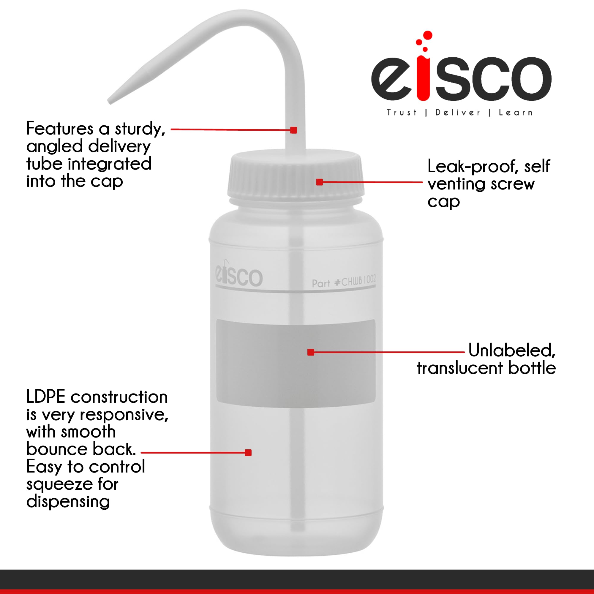 EISCO 2PK Chemical Wash Bottle, No Label, 250ml - Wide Mouth, Self Venting, Low Density Polyethylene - Performance Plastics Labs