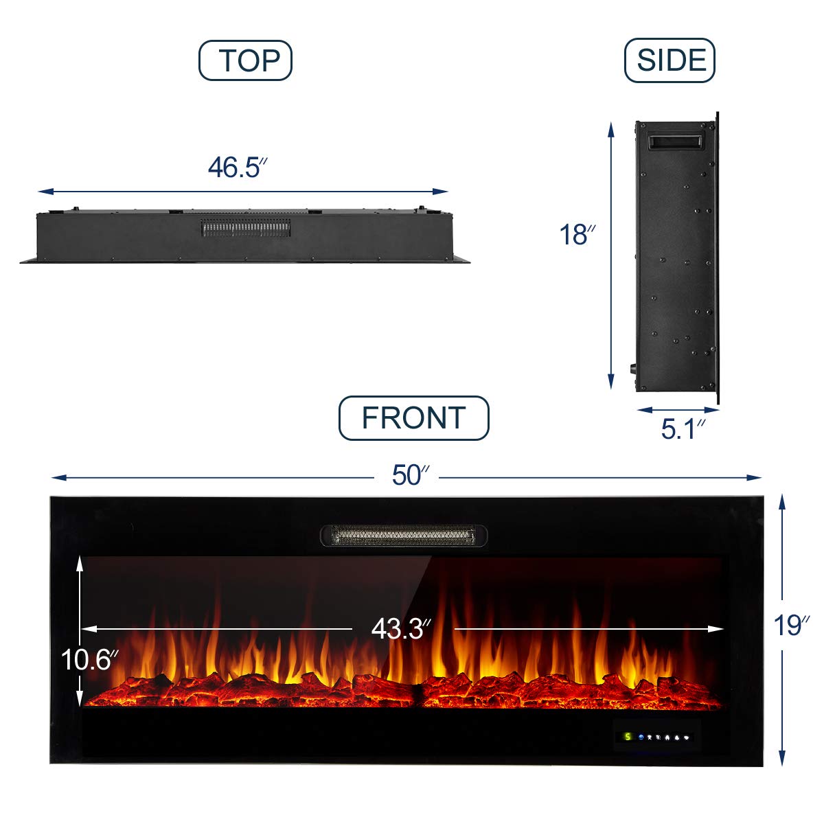 Homedex 50" Recessed Mounted Electric Fireplace Insert with Touch Screen Control Panel, Remote Control, 750/1500W, Log/Crystal Options