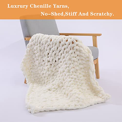 Chunky Knit Throw Blanket Soft Luxury Chenille Yarn Blanket for Farmhouse Boho Decor,Handmade Tight Braided Thick Cable Knit Throw for Bed,Couch,Beige,50x60.
