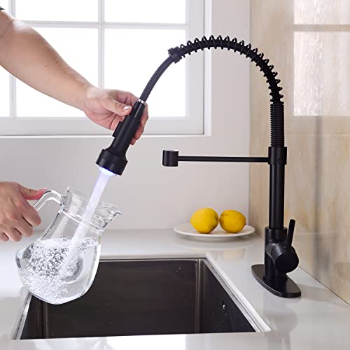 BZOOSIU Kitchen Faucet with Pull Down Sprayer, 17.65 inch Solid Brass Commercial Spring Single Handle LED Kitchen Sink Faucet for Farmhouse Camper Laundry Utility Rv Bar Sinks, Matte Black