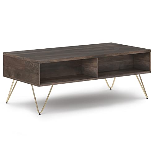 SIMPLIHOME Hunter SOLID MANGO WOOD and Metal 48 Inch Wide Rectangle Industrial Lift Top Coffee Table in Ebony, For the Living Room and Family Room