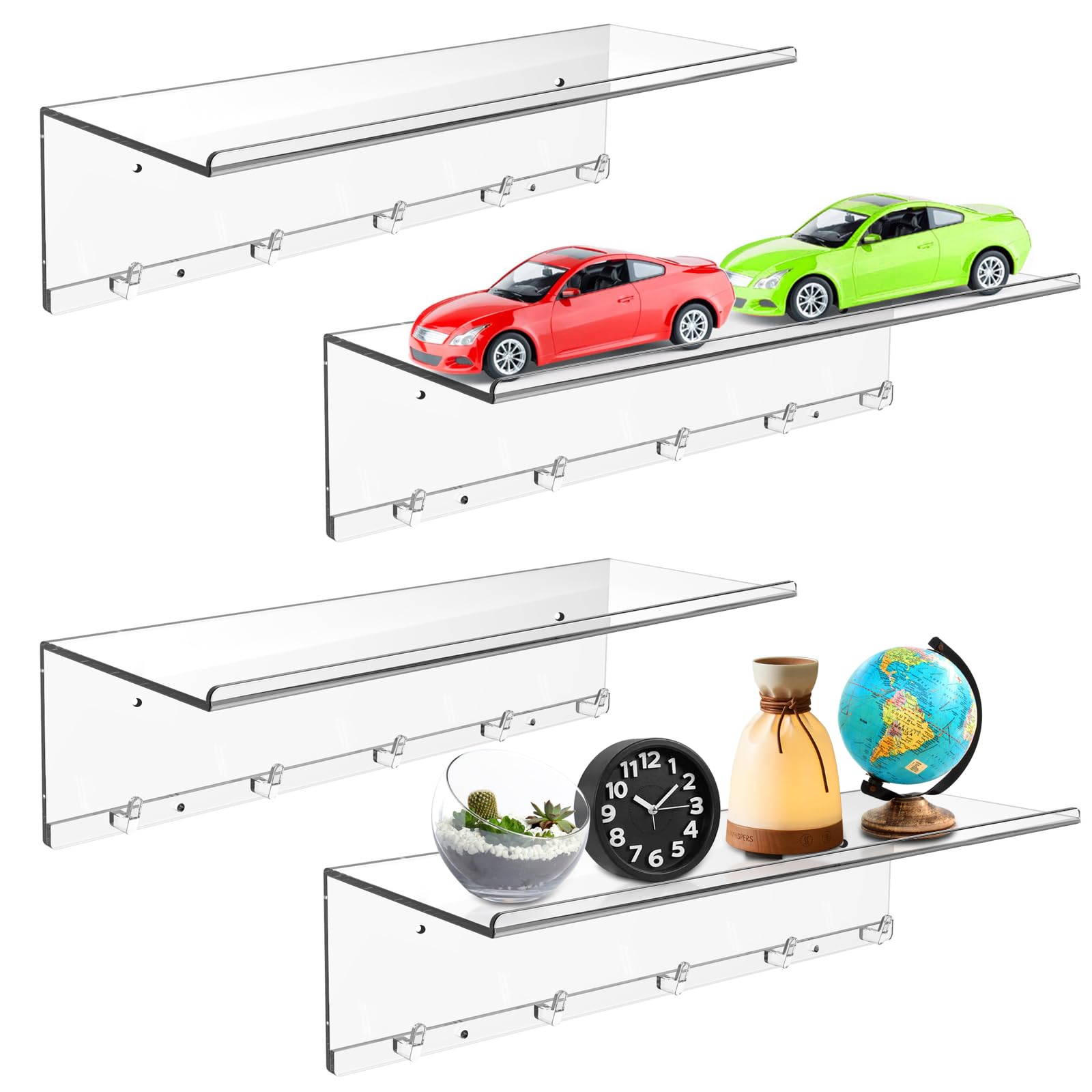 Dalanpa 4 Pack Acrylic Floating Shelves, Wall Mounted Shelf with Removable Hooks, Clear Floating Shelves for Bathroom, Kitchen, Bedroom, Living Room (Transparent)
