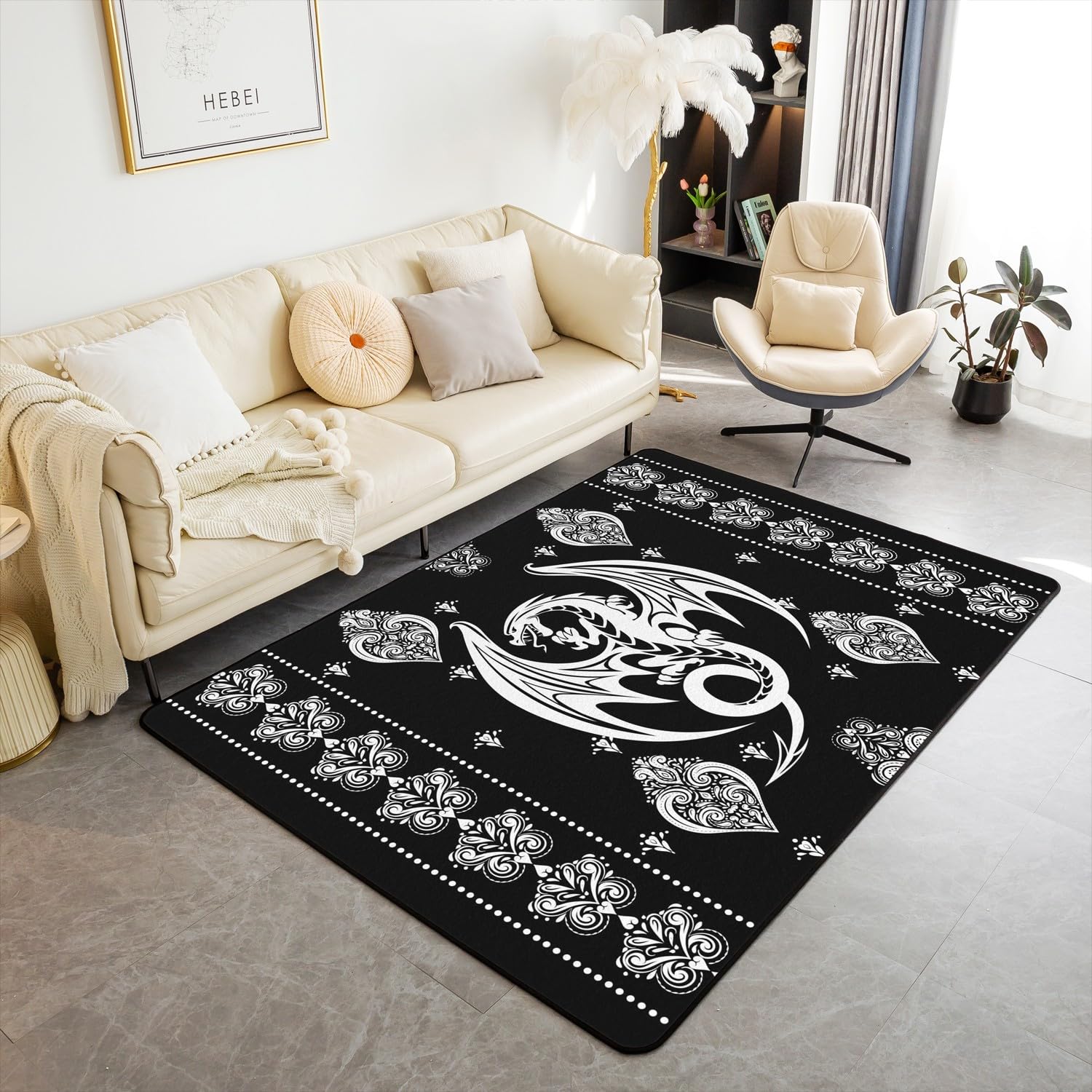 Dragon Black White Area Rug 5x6'6''x0.39'',Ethnic Traditional Paisley Flower Indoor Floor Mat for Playroom Bedside Sofa Bedroom,Retro Vintage Country Decor Non Slip Decorative Rug for Living Room