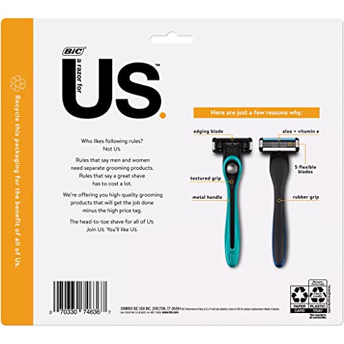 BIC US 5-Blade Unisex Shaving Razor For Men and Women, Lubrication Strip For a Smooth, Close Shave, 14 Cartridges + 2 Handles
