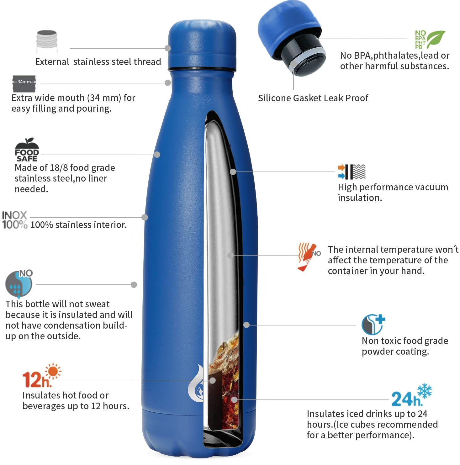 BJPKPK 17oz Stainless Steel Water Bottles Dishwasher Safe Sports Insulated Water Bottle-Blue