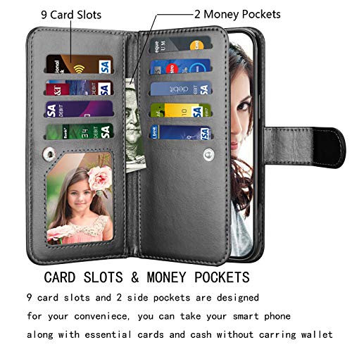 NJJEX Compatible with iPhone 12 Pro Max Case/iPhone 12 Pro Max Wallet Case 6.7" (2020), [9 Card Slots] PU Leather Card Holder Folio Flip [Detachable] Kickstand Lanyard Magnetic Phone Cover [Black]