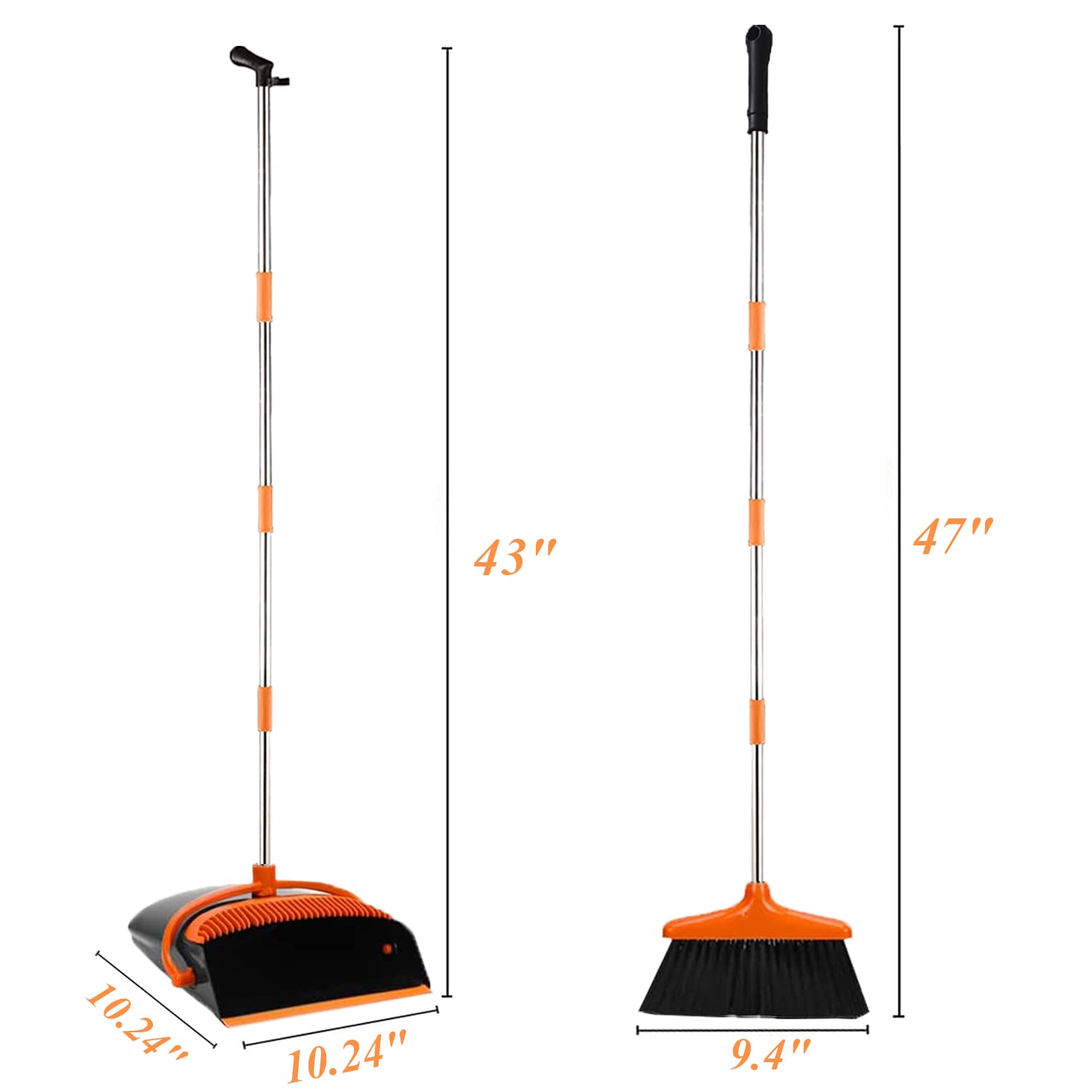 Broom and Dustpan Set - Upright Dustpan and Broom Combo Set - Self Cleaning with Dustpan Teeth Standing Dust Pan for Home Kitchen Easy Assembly, Orange