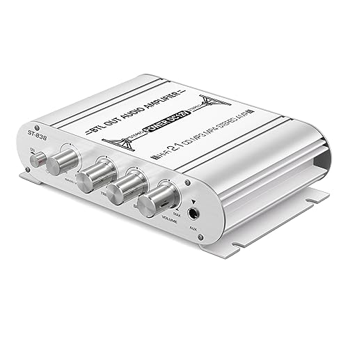 Facmogu ST-838 2.1CH Audio Power Amplifier, RMS 20Wx2+40W Class D Stereo Digital Audio Amp with Subwoofer Output, 80W Mini Subwoofer Amplifier Audio Stereo Bass Amp with DC12V Power Adapter - Silver