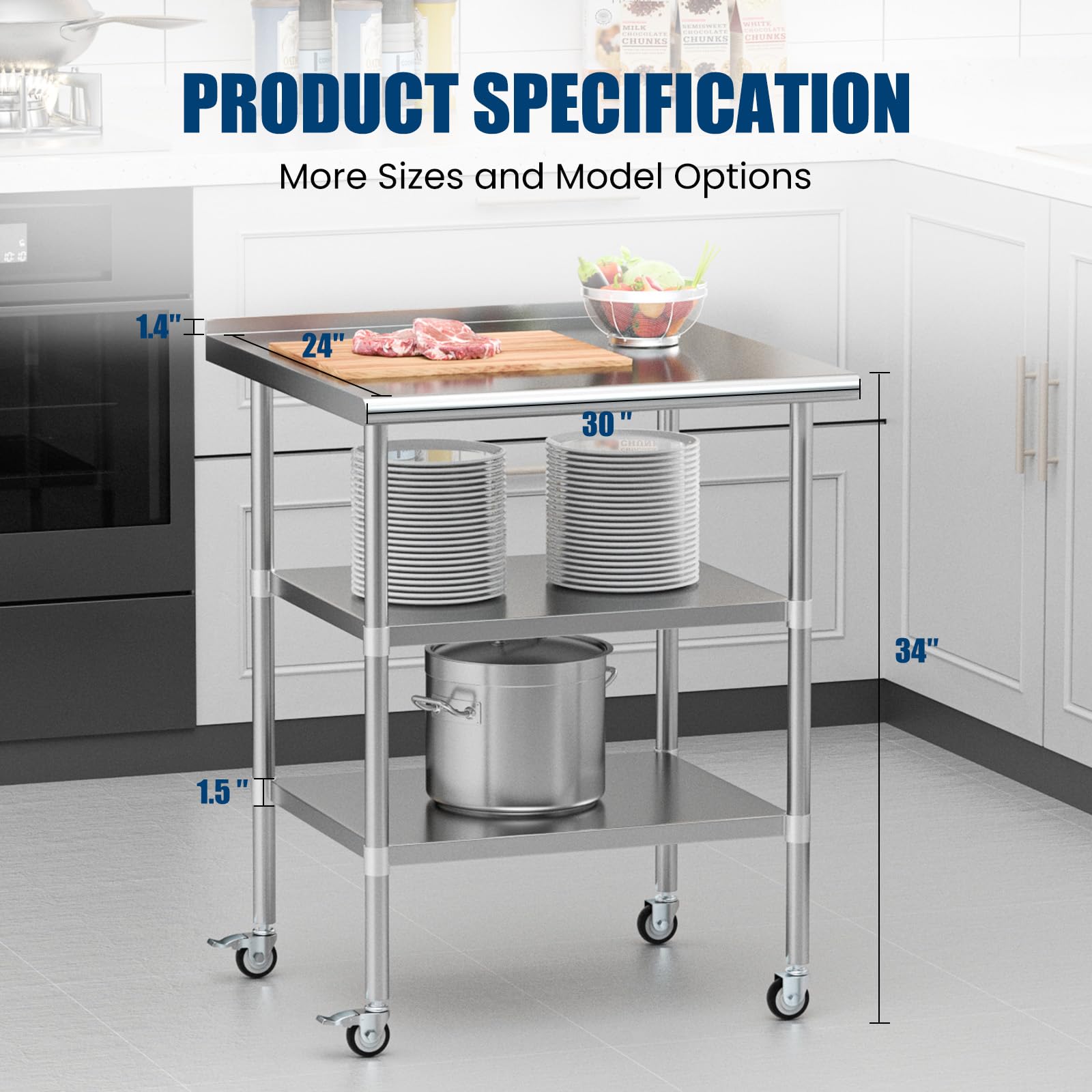 Chingoo Stainless Steel Table with Wheel Caster 24 x 36 Inches Metal Prep Table with 2 Adjustable Undershelves & Backsplash, Stainless Steel Work Table for Commercial Kitchen, Outdoor, Restaurant