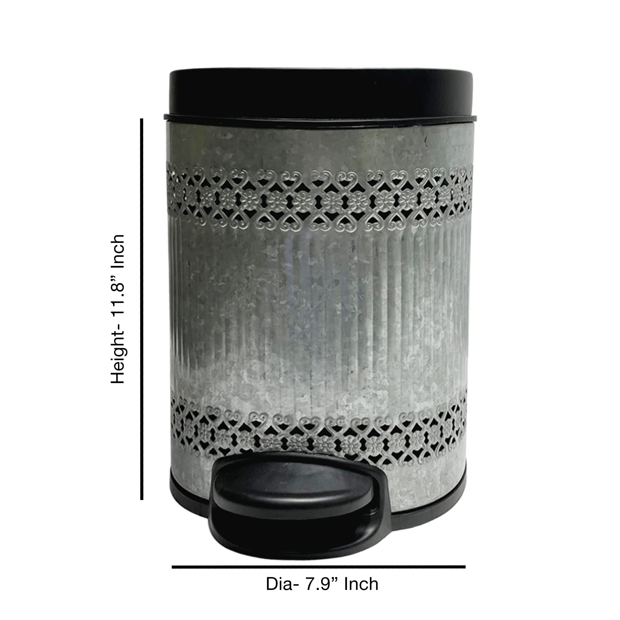 nu steel Laser Cut Galvanised Steel Step Garbage Trash Can & Toilet Brush Holder with Lid: 5 Liter/1.32 gal for The Kitchen, Bathroom, Bedroom, Patio, RV
