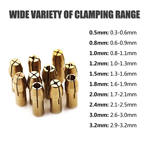 Collet Set For Dremel Rotary Tool Bits, 10 PCS Fine Copper Drill Chuck Collet Set Electric Grinder Quick Change Mini Drill Chuck Replacement Sets 0.5-3.2mm for Rotary Tools