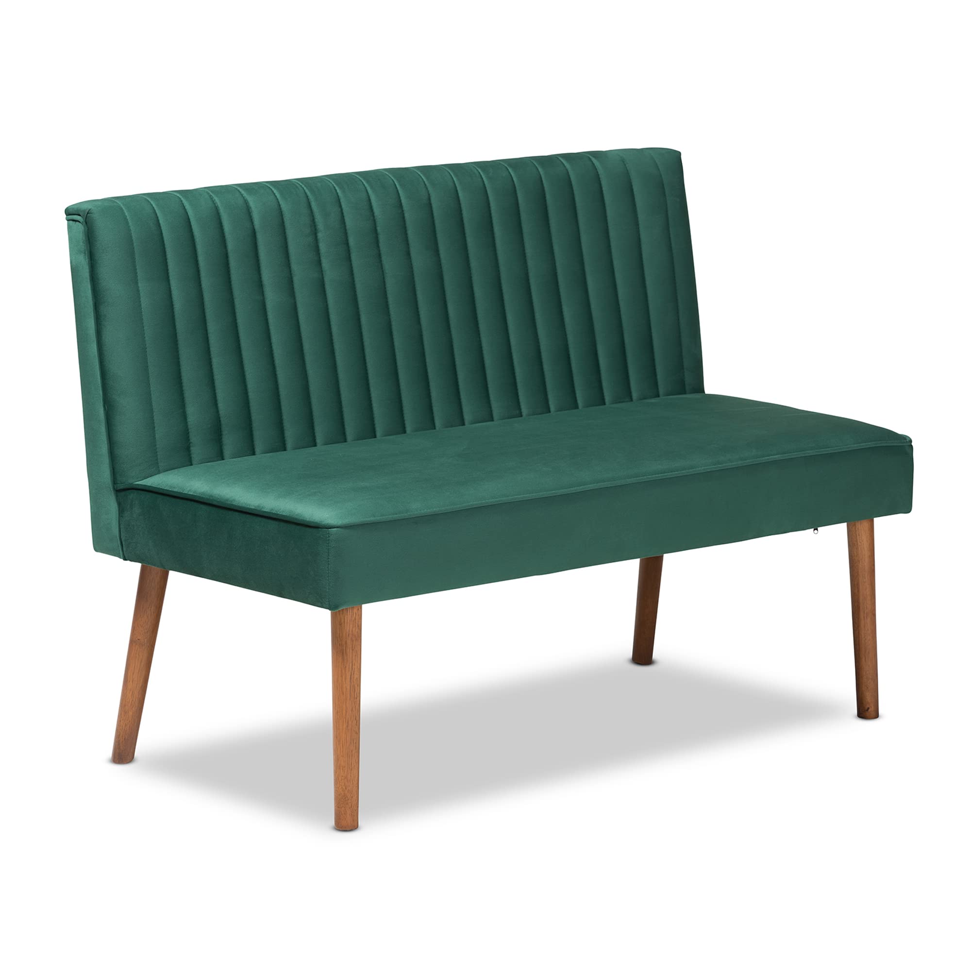 Baxton Studio Alvis Mid-Century Modern Emerald Green Velvet Upholstered and Walnut Brown Finished Wood 2-Piece Dining Nook Banquette Set