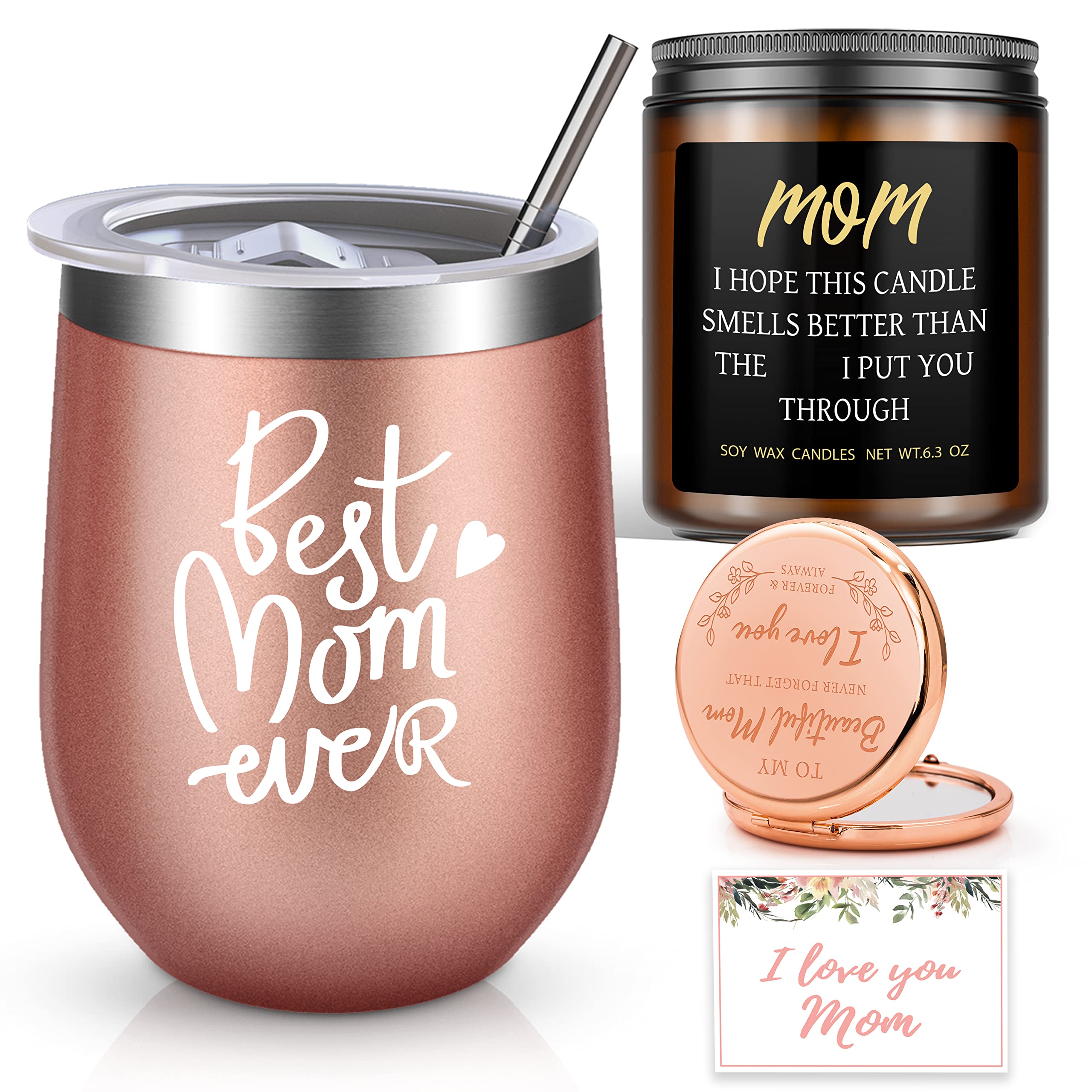 Birthday Gifts for Women Gifts for Mom Grandma Birthday Gifts for Mom from Daughter Son Child Husband Great Thanksgiving Gifts Ideas for Mom Wife Wine Tumbler Gifts Candle Mirror New Mom Presents 14OZ