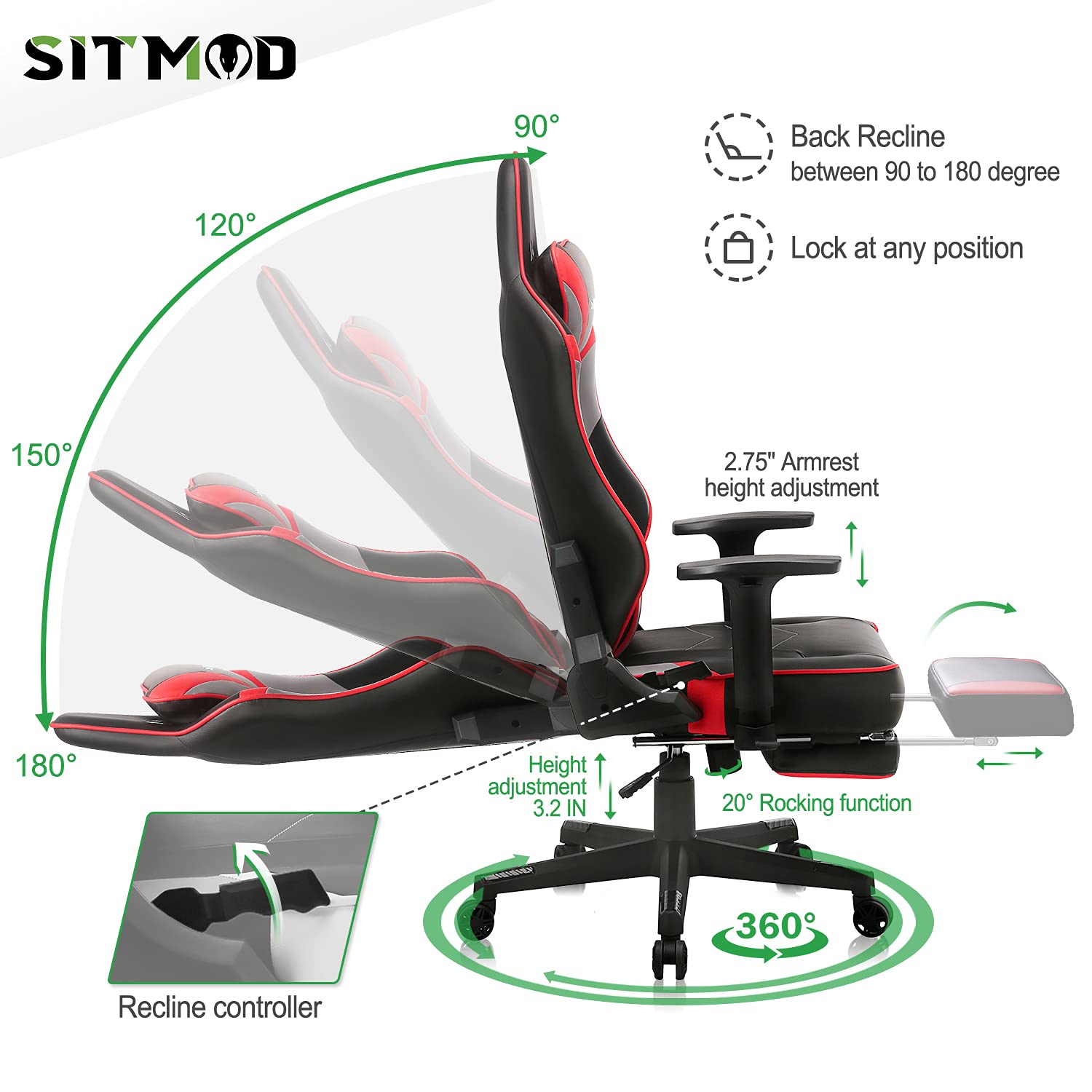SITMOD Video Game Chairs Ergonomic Gaming Chair with Footrest High Back Massage Gaming Chair Recliner PC Leather Racing Gamer Chairs Adjustable Lumbar Support Swivel Computer Chairs for Adults